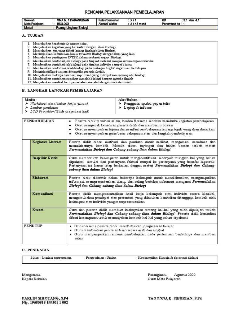 RPP Biologi Kelas X (Ruang Lingkup Biologi) | PDF