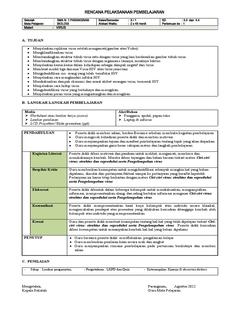 RPP Biologi Kelas X (VIRUS) | PDF