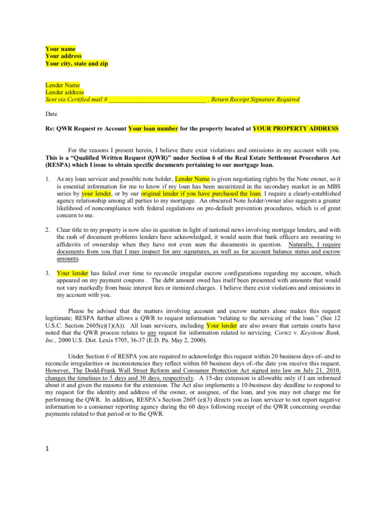 QWR Template - Generic | PDF | Loans | Mortgage Loan