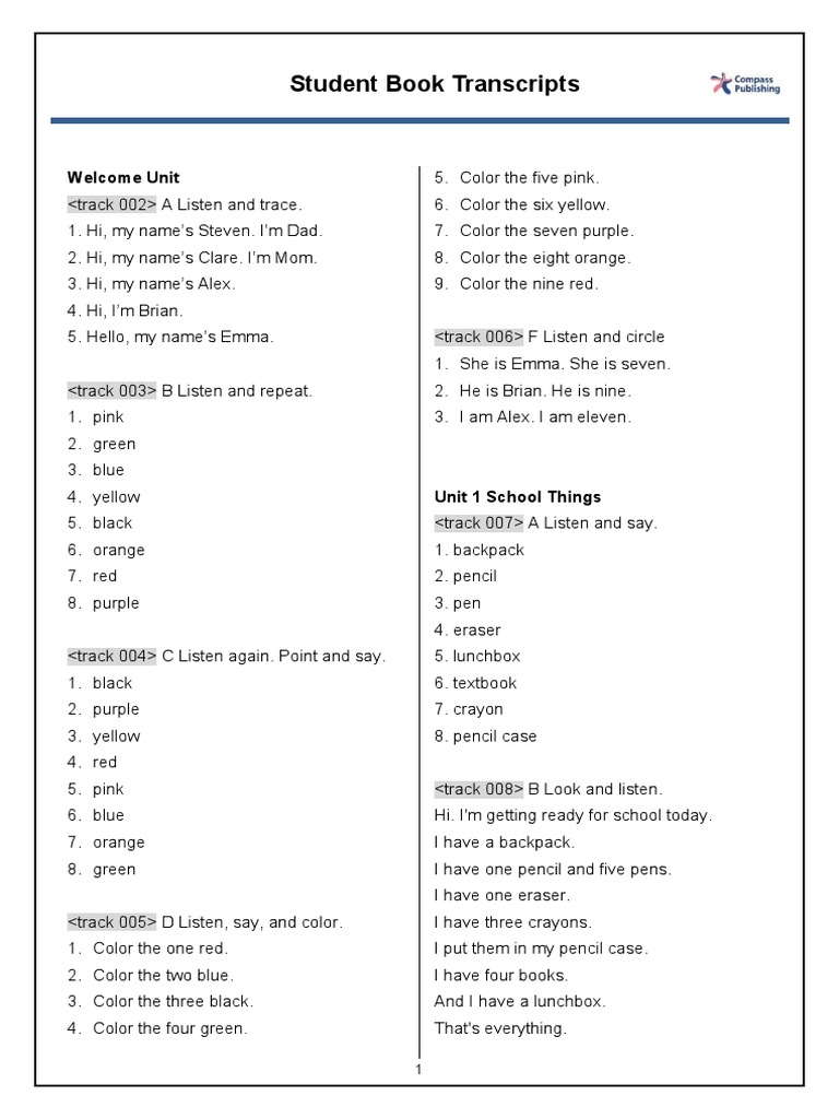 Hang Out! 1 Student Book Transcripts | PDF | Grandparent | Classroom