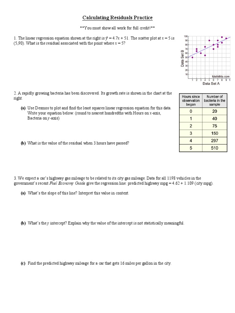 Calculating Residuals Practice | PDF | Teaching Methods & Materials