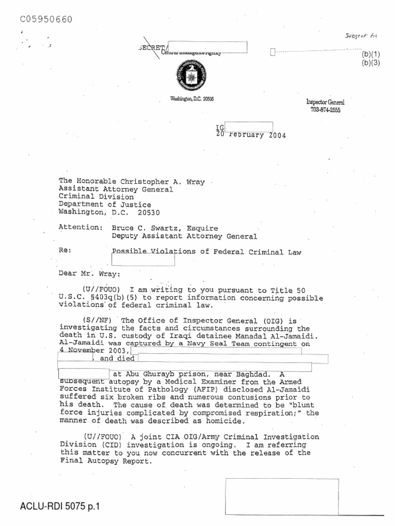 Alderson To Wray Re: Possible Violations of Criminal Law Re Al-Jamadi | PDF | Federal Government ...