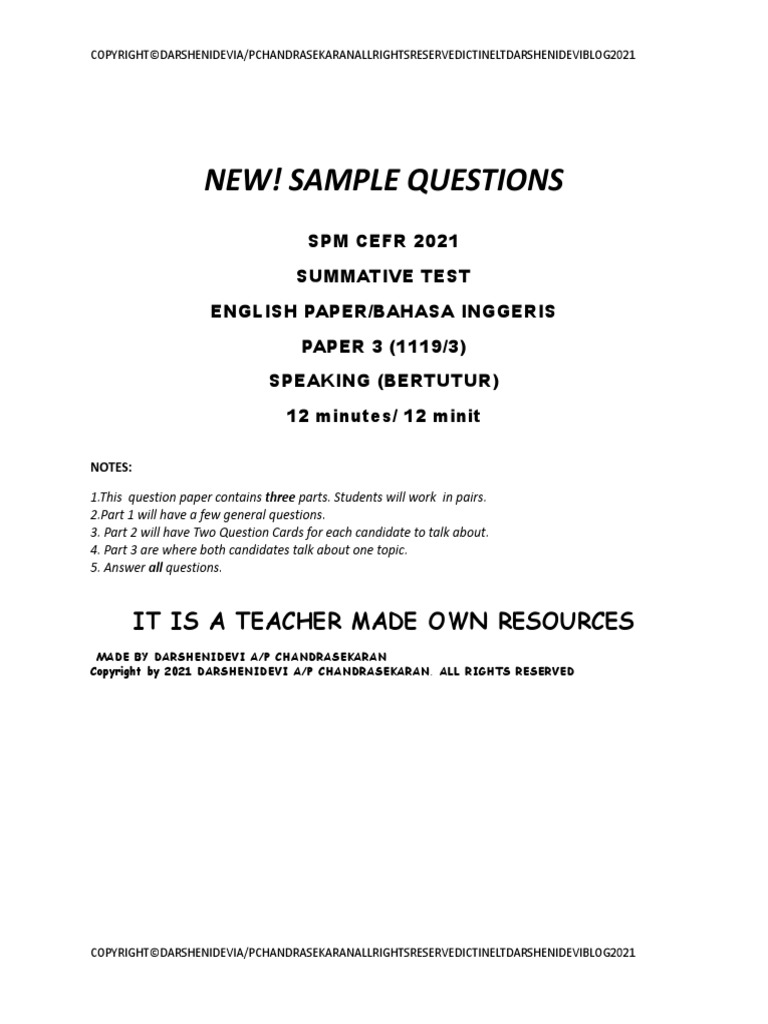 NEW SPM CEFR SPEAKING PAPER WORKSHEET A COMPLETE SET | PDF