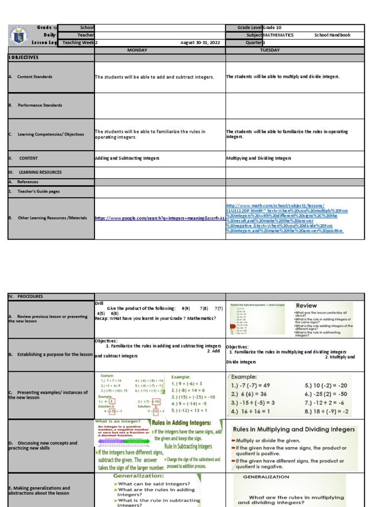 Adding & Subtracting Integers - Lesson Plan | PDF | Multiplication ...