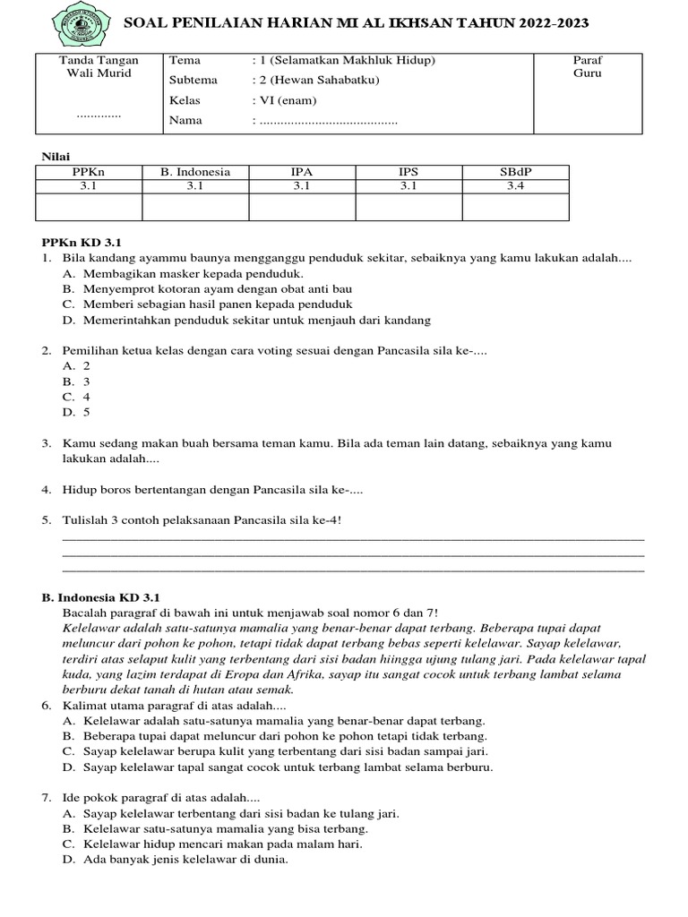 Soal Penilaian Harian Kelas 6 Tema 1 Subtema 2 | PDF
