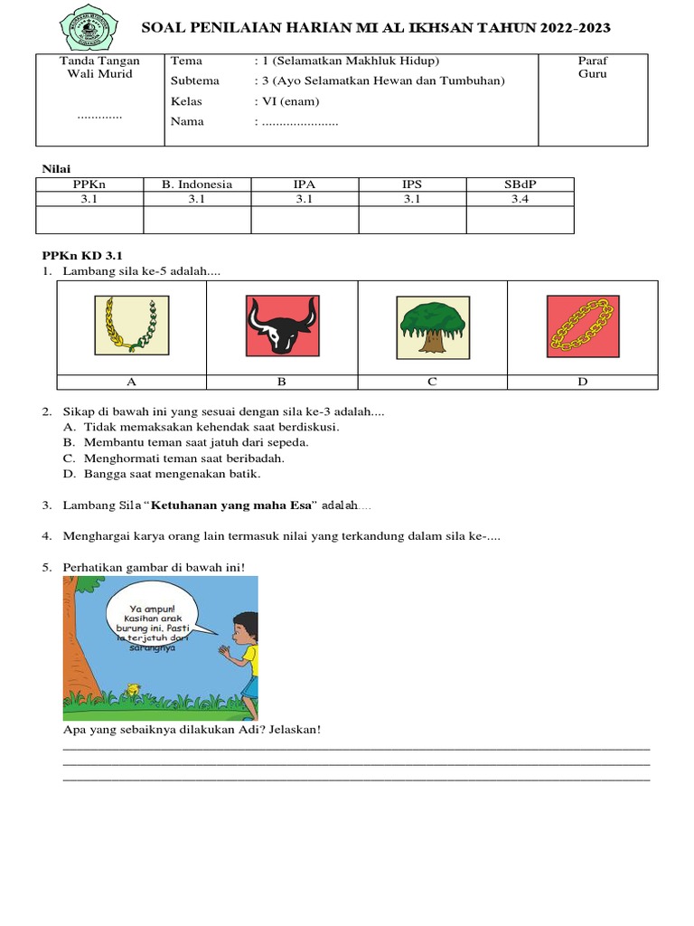Soal Penilaian Harian Kelas 6 Tema 1 Subtema 3 | PDF