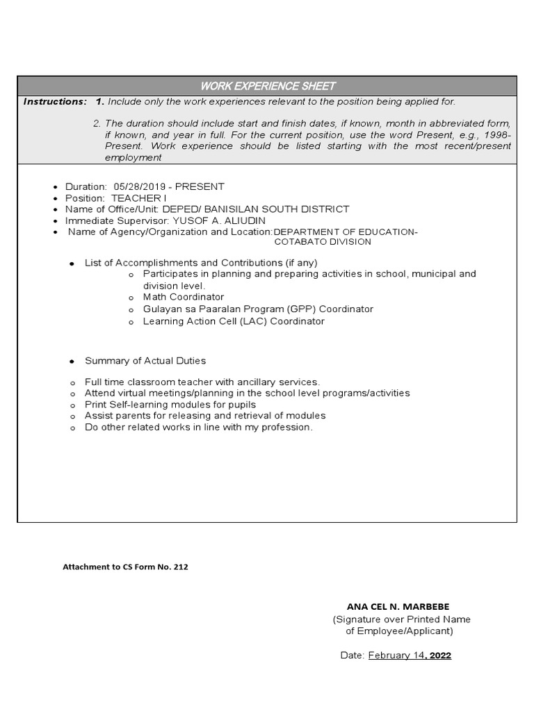 CS Form No. 212 Attachment - Work Experience Sheet_2017 - BLANK | PDF