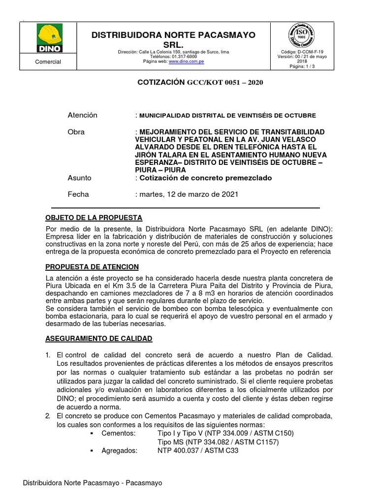 COTIZACIÓN 0051 - 2020 CONCRETO MR 48 | PDF | Hormigón | Economias