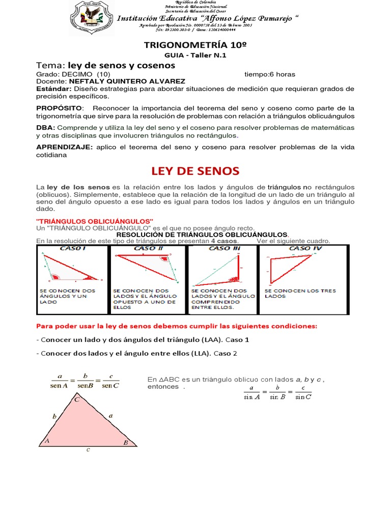 Tema: Ley de Senos y Cosenos | PDF | Triángulo | Funciones trigonométricas