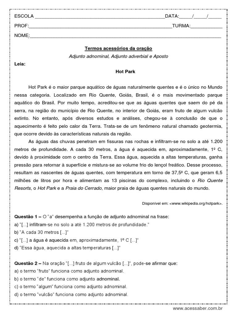 Atividade de Portugues Termos Acessorios Da Oracao 2º Ano Do Ensino ... Atividade de Portugues Termos Acessorios Da Oracao 2º Ano Do Ensino ...