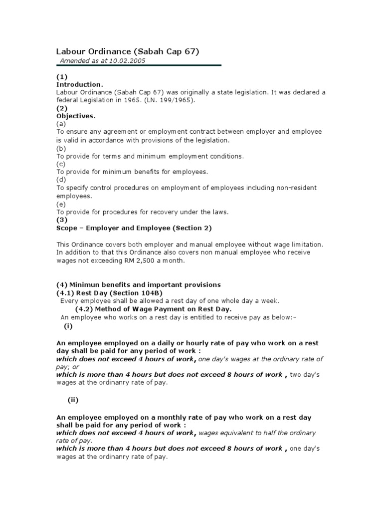 Labour Ordinance (Sabah Cap 67) | PDF | Employment | Wage