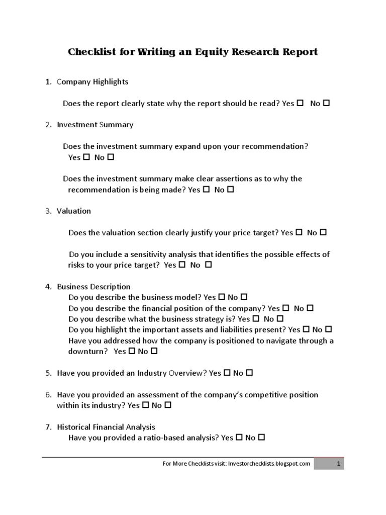 Checklist For Writing An Equity Research Report | PDF | Equity (Finance ...