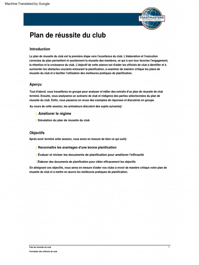 Club Success Plan Session Workbook 1 | PDF | Planification