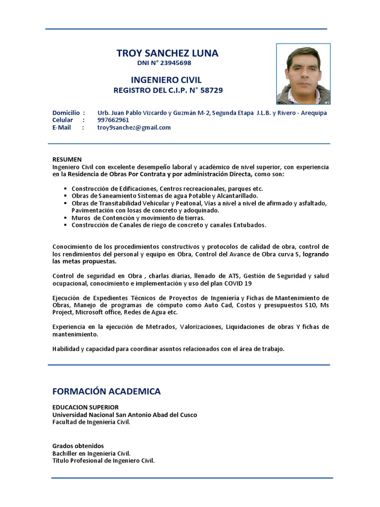 Curriculum Vitae Ing - Troy Sanchez | PDF | Ingeniería | Ingeniero civil