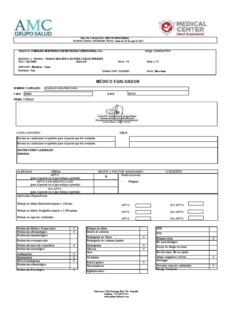 Informe Médico Ocupacional Apto | PDF | Especialidades Medicas | Medicina CLINICA