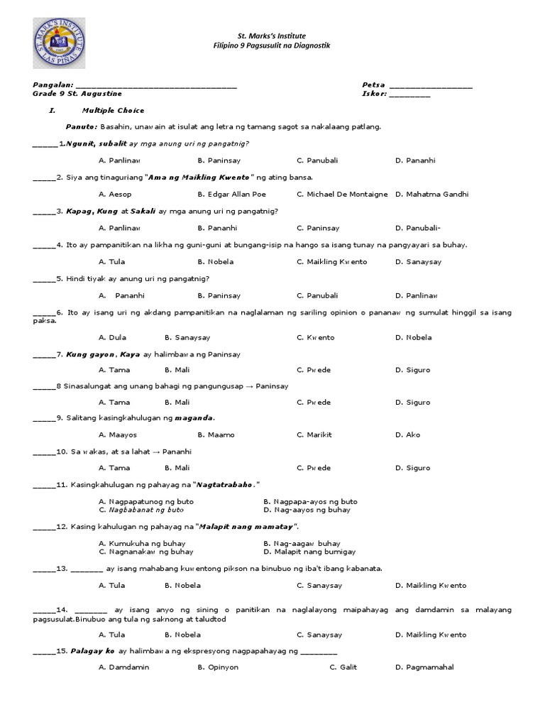 Filipino 9 - Preliminary - Updated | PDF