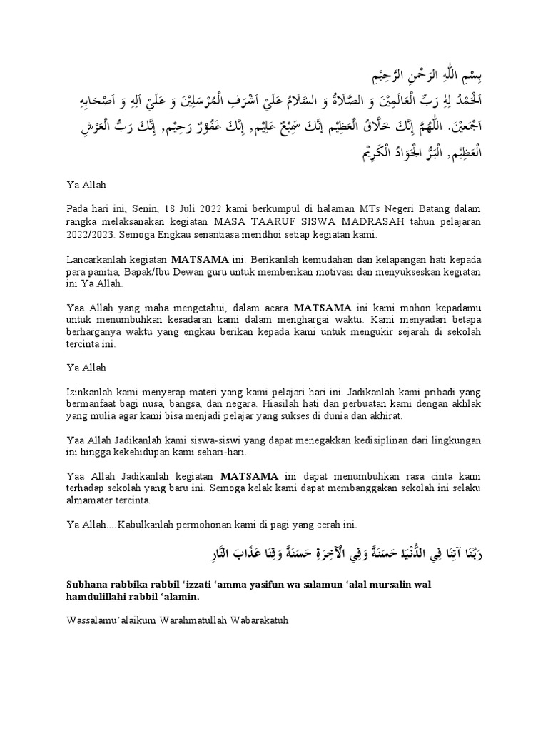 Doa Pembukaan Kegiatan Matsama 2022 | PDF