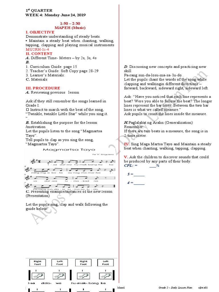 Grade 2 MAPEH Lesson on Steady Beats | PDF | Lesson Plan | Change