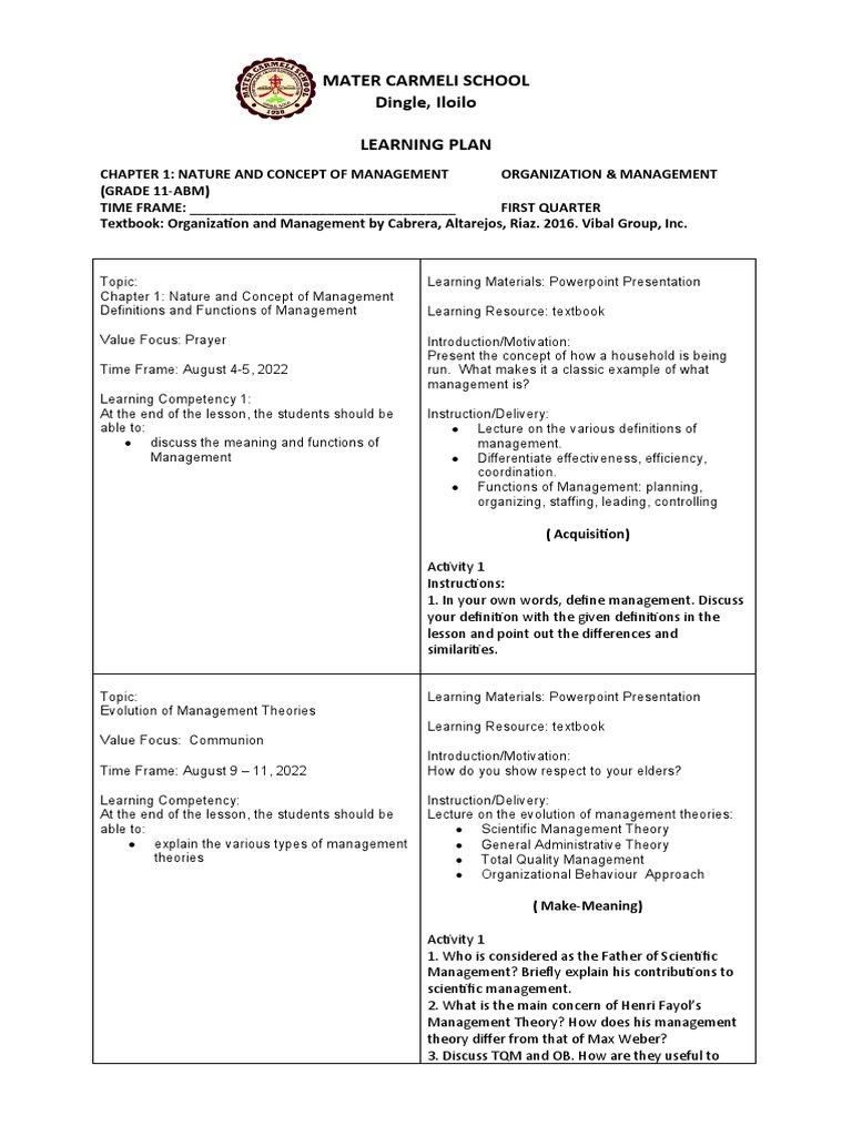 Org & MGT - Learning Plan 2022 | PDF | Learning | Motivational