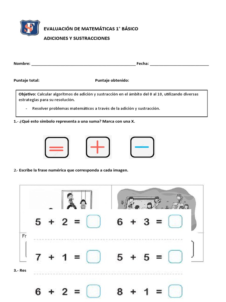 Evaluación de Sumas y Restas 1° Básico | PDF