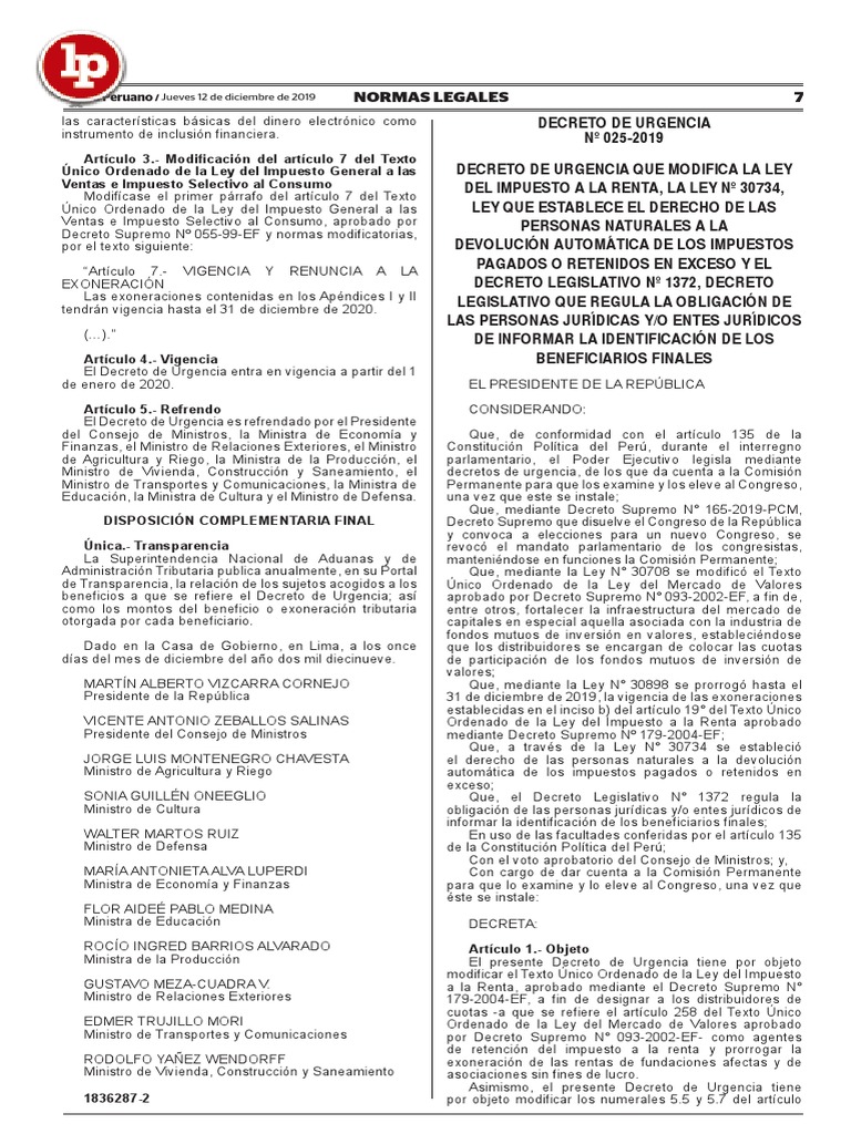 Decreto de Urgencia 025 2019 LP | PDF | Impuesto sobre la renta | Perú