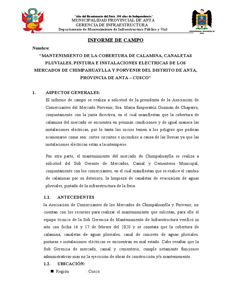 Informe de Campo Mercado Porvenir | PDF | Agua