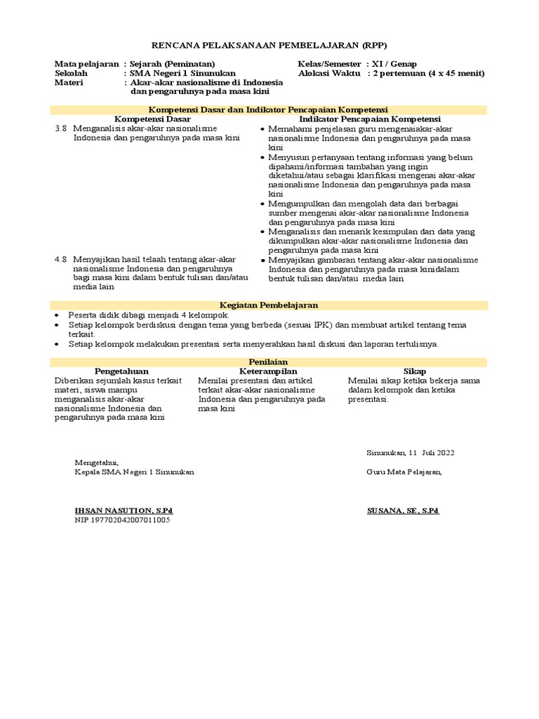 RPP Akar-Akar Nasionalisme Di Indonesia Dan Pengaruhnya Pada Masa Kini OK | PDF | Seni ...