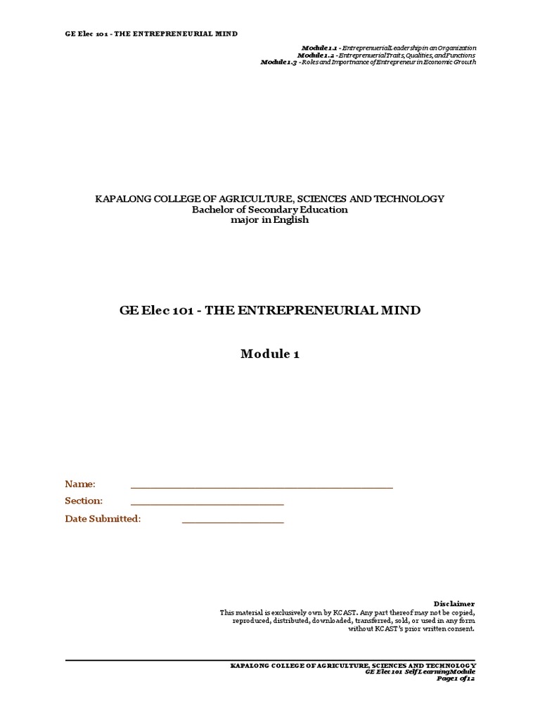 GE Elec 101 - Module 1 | PDF | Entrepreneurship | Behavior