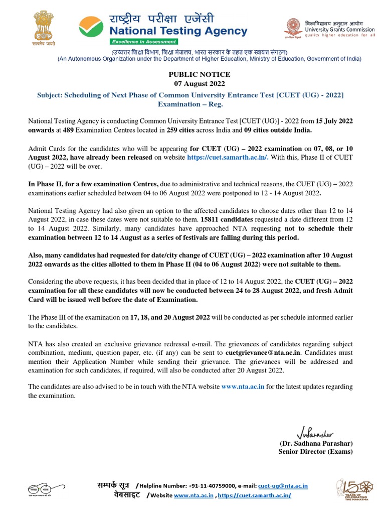Public-Notice-Reg-Scheduling-of-Next-Phase-of-CUET-(UG)-2022 | PDF ...