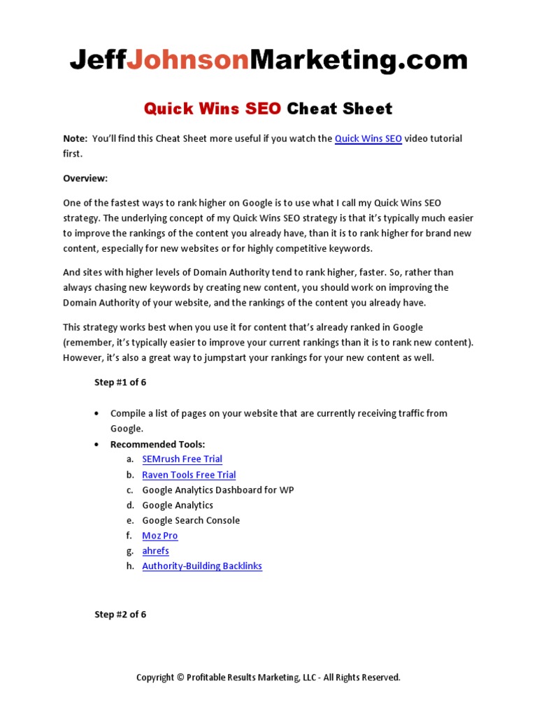Quick Wins SEO Cheat Sheet JJM | PDF | Search Engine Optimization | World Wide Web