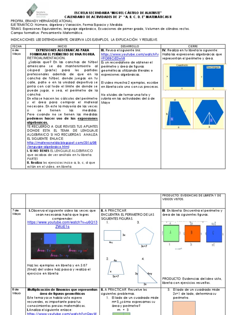 Actividades Matemáticas 2° Secundaria | PDF | Fórmula | Ecuaciones