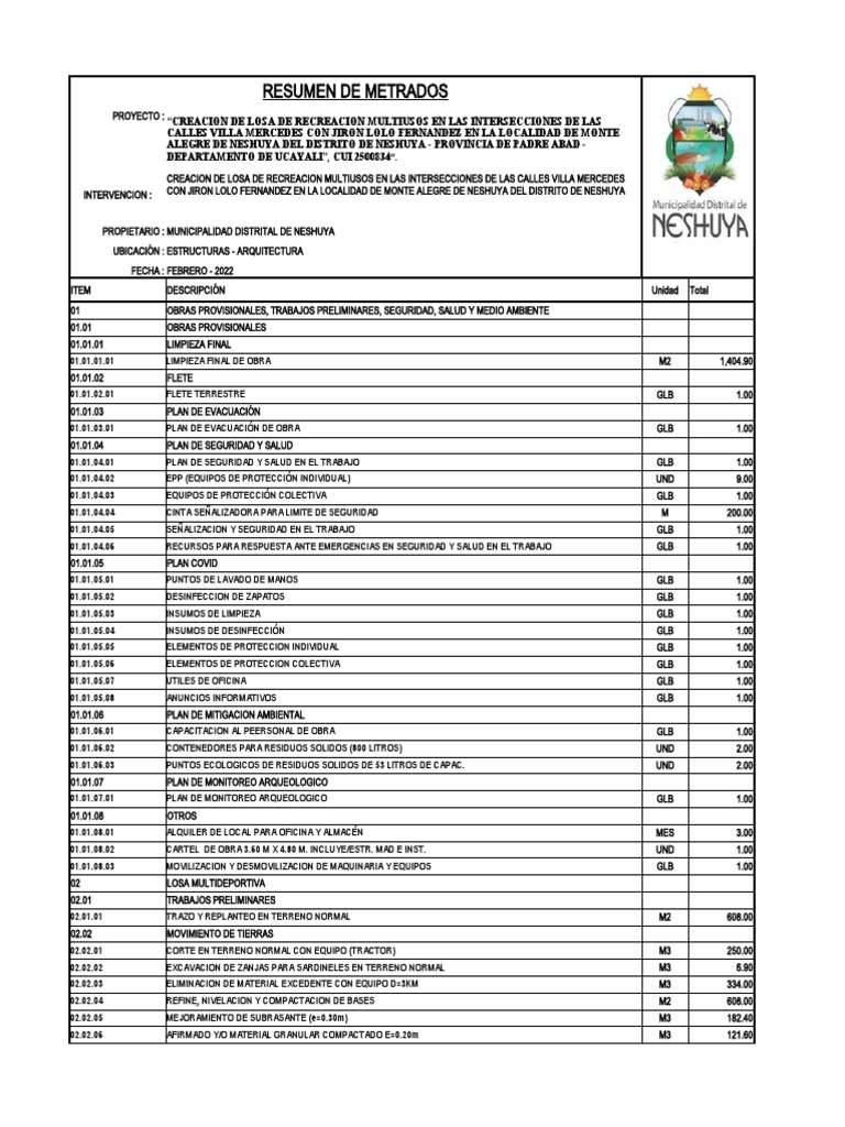 Planilla de Metrados Por Item | PDF | Hormigón | Ingeniería de Edificación