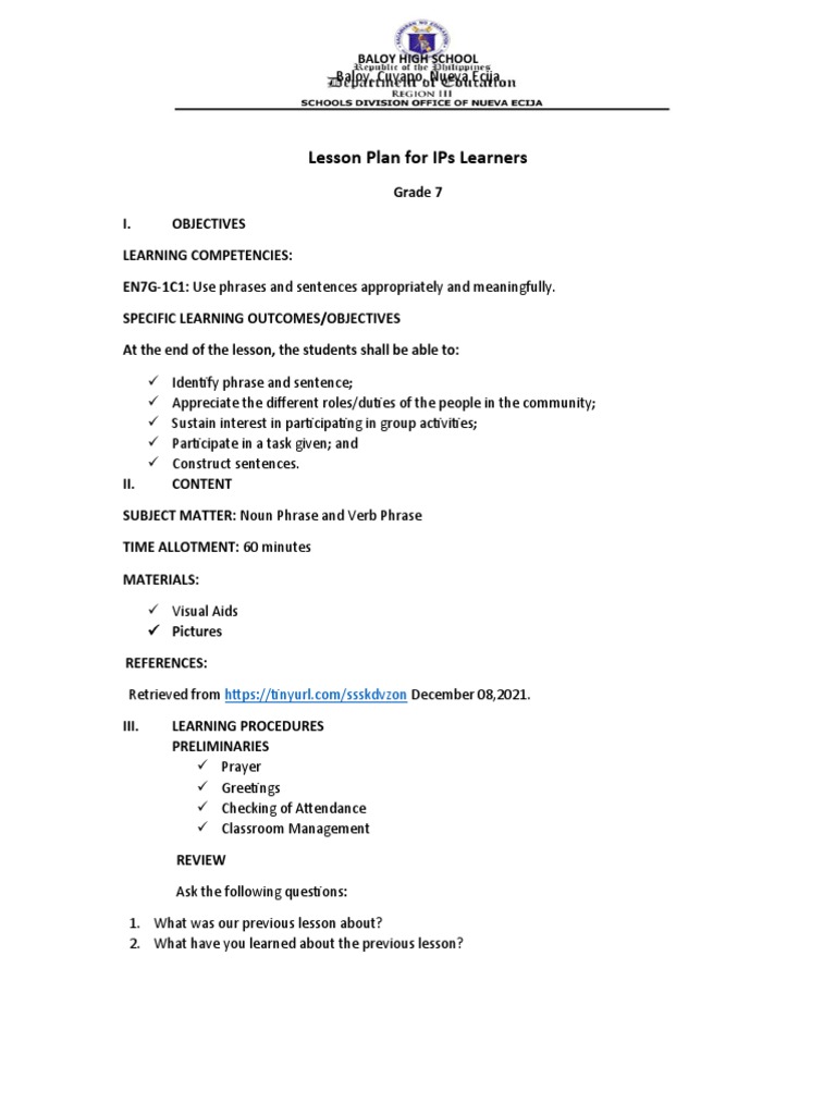 Lesson Plan For IPs Learners | PDF | Verb | Phrase