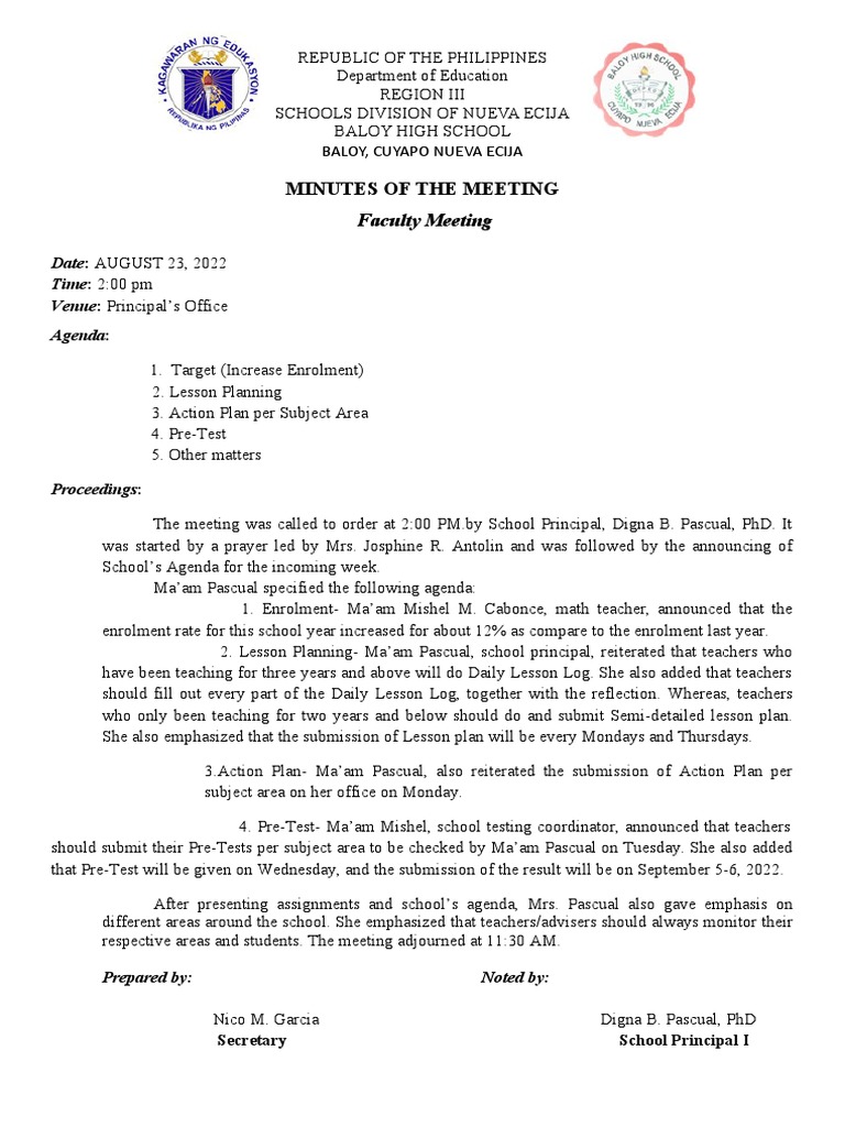 Minutes of The Meeting Faculty 1 | PDF | Behavior Modification | Learning