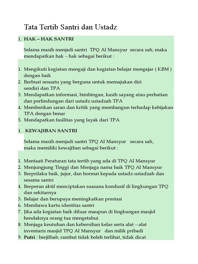 Tata Tertib Santri Dan Ustadz | PDF Tata Tertib Santri Dan Ustadz | PDF