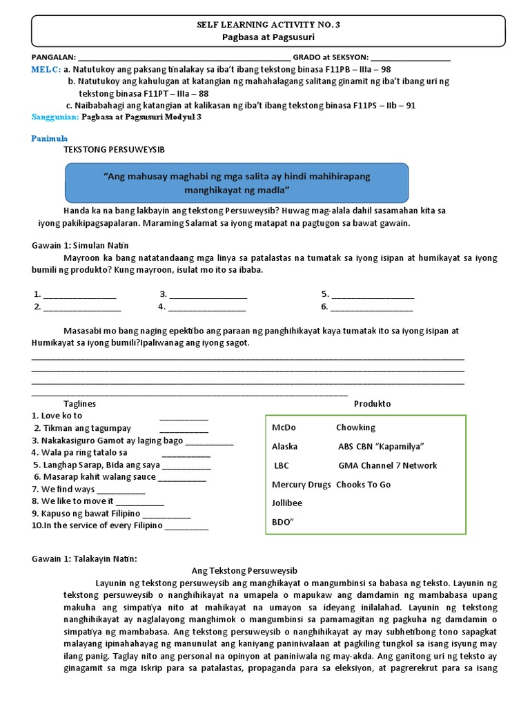 Pagbasa at Pagsusuri SLA 3 | PDF