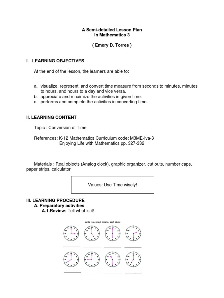 A Semi Detailed Lesson Plan in Math3 | PDF | Hour | Clock
