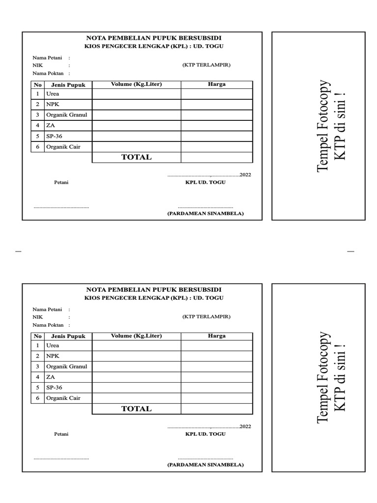 Nota Pembelian Pupuk Bersubsidi | PDF