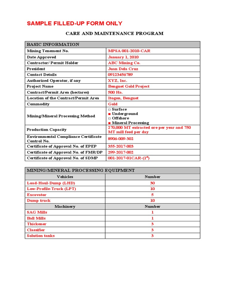 Annex A Final CMP Form (Sample-Filled) | PDF | Mining