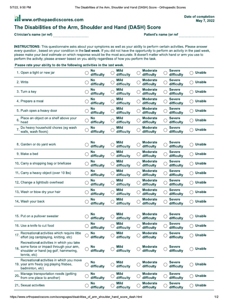 Diisabilities of Arm, Shoulder and Hand (DASH) Score | PDF