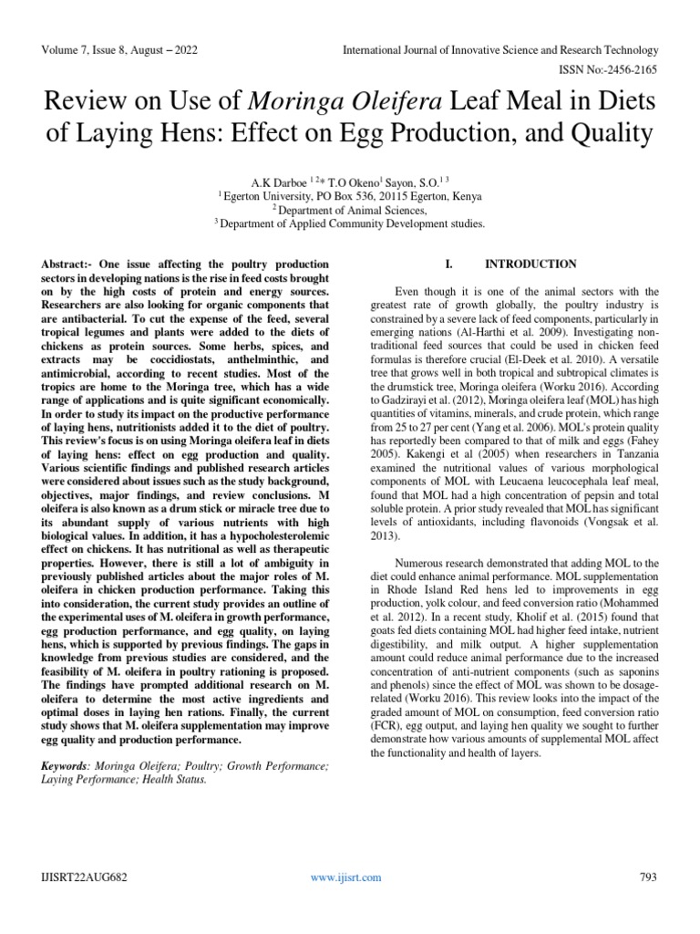 Review On Use of Moringa Oleifera Leaf Meal in Diets of Laying Hens ...
