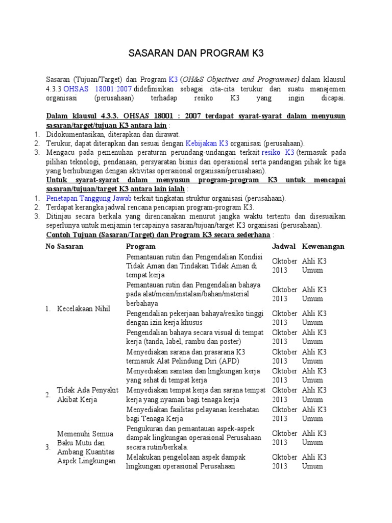 Sasaran Dan Program K3 | PDF | Teknologi & Rekayasa