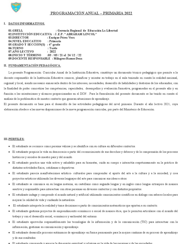 Programación 4to Grado Primaria - 2022 | PDF | Números | Medición