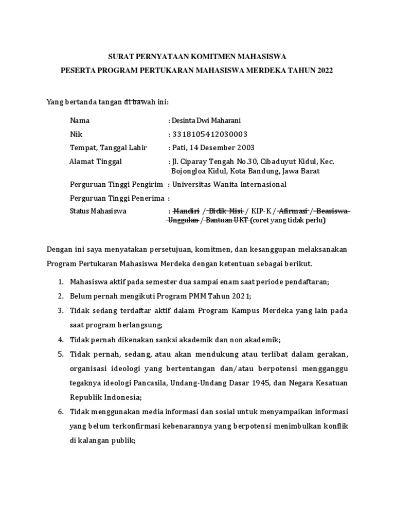 Surat Pernyataan Komitmen Mahasiswa PMM 2 | PDF