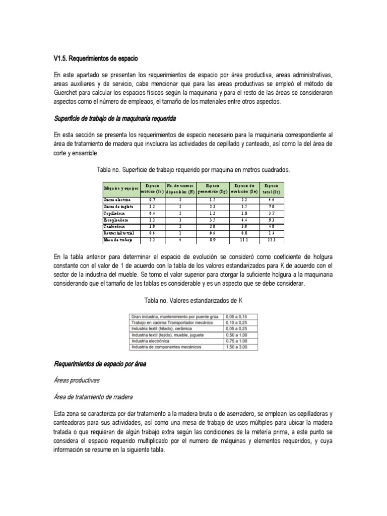 Requerimientos de Espacio y Espacio Disponible | PDF | Residuos | Máquina elevadora