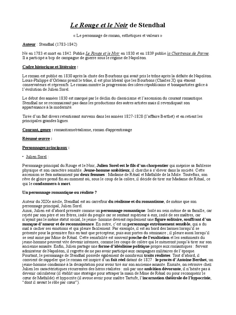 Julien Sorel : Héros romantique et réaliste | PDF | Le Rouge et le Noir ...