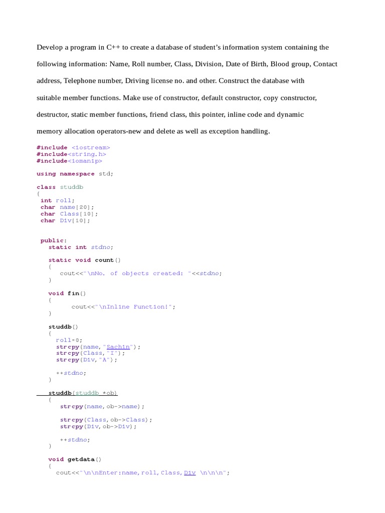 A C++ Program to Create a Student Database Management System Using OOPs Concepts | PDF
