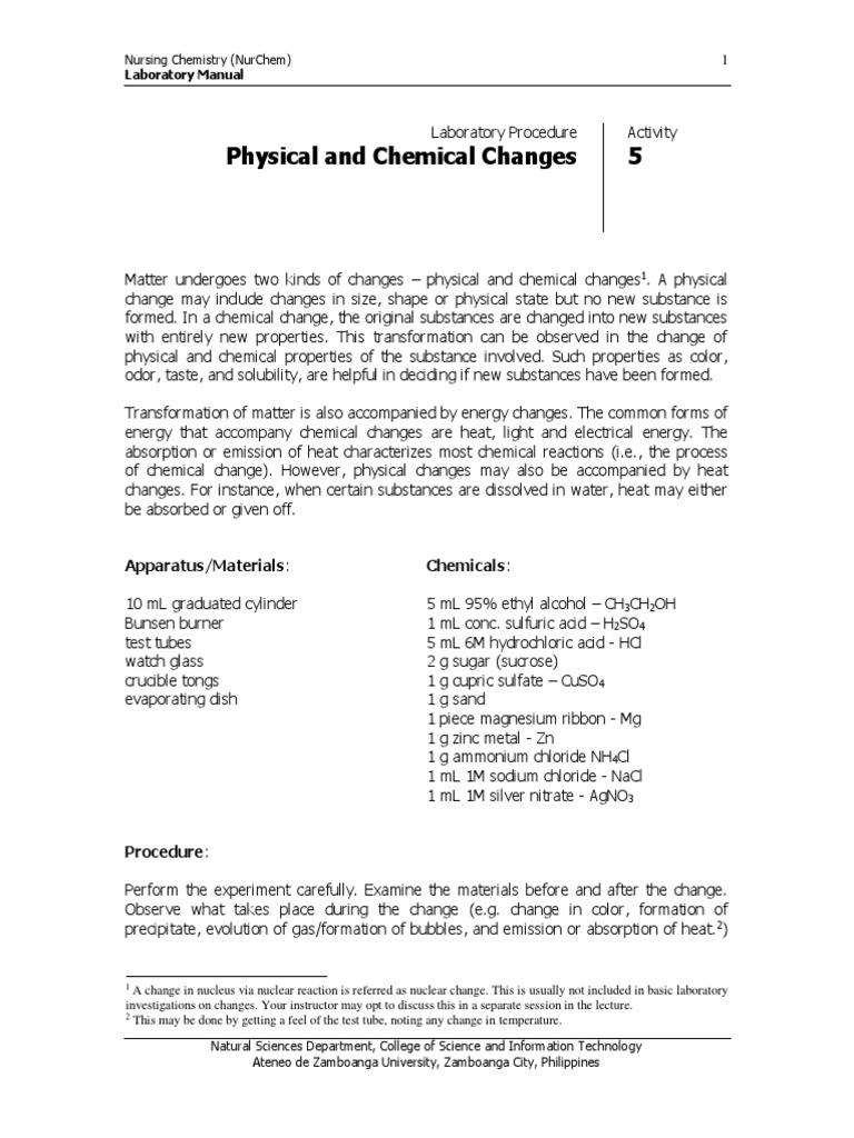 Physical and Chemical Changes Lab Guide | PDF | Chemical Reactions ...