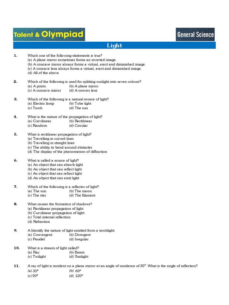Light - MCQ | PDF | Mirror | Reflection (Physics)