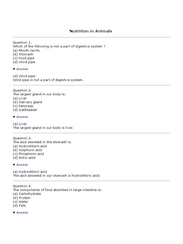 MCQs on Animal Nutrition for Class 7 | PDF | Digestion | Human ...